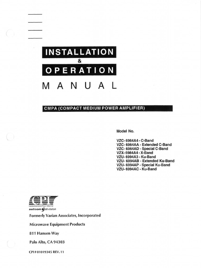 Operations Manual CPI TWTA C Band Rack Mount Model VZC 69646994 Series ... Operations Manual CPI TWTA C Band Rack Mount Model VZC 69646994 Series ...