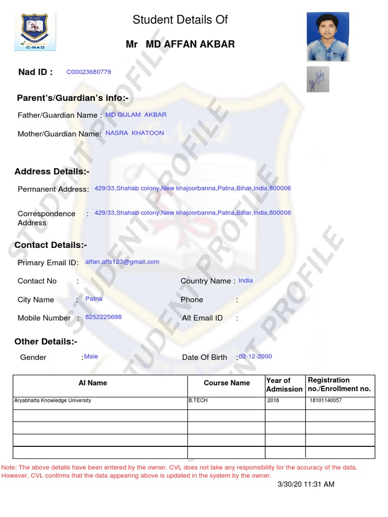 Student Details Of: MR MD Affan Akbar | PDF