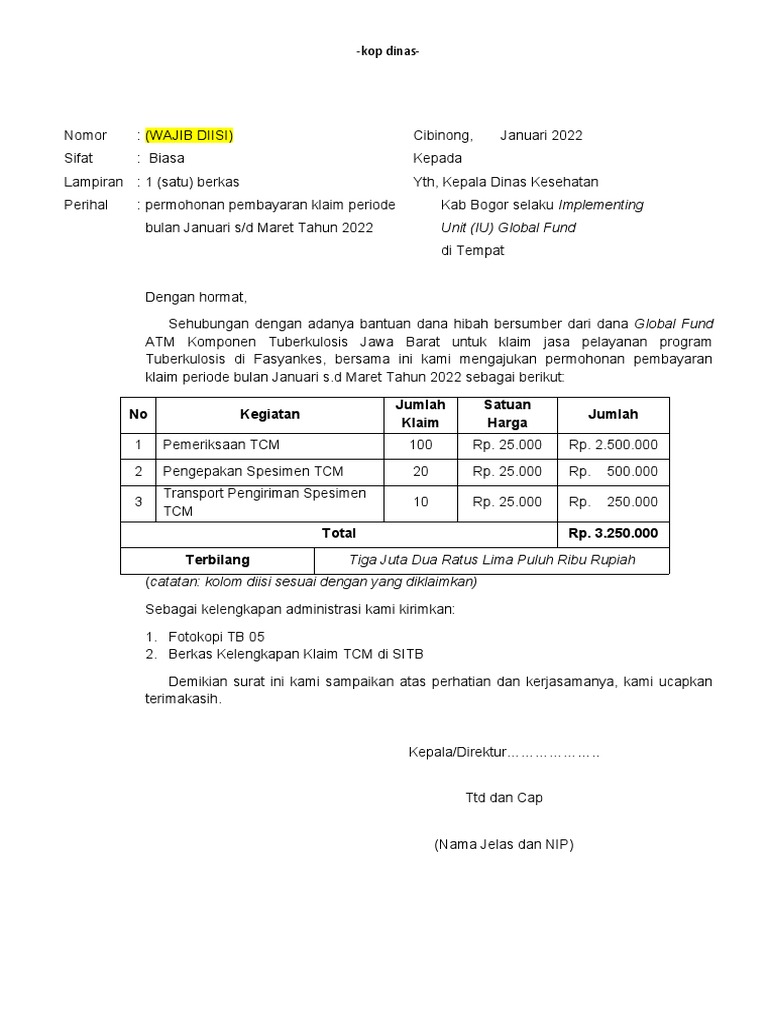 Surat Tagihan Pembayaran Klaim TB | PDF