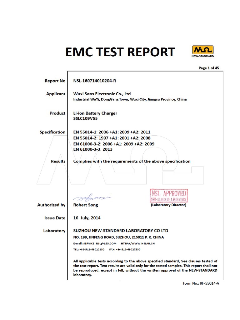 Battery Charger EMC Test Report | PDF