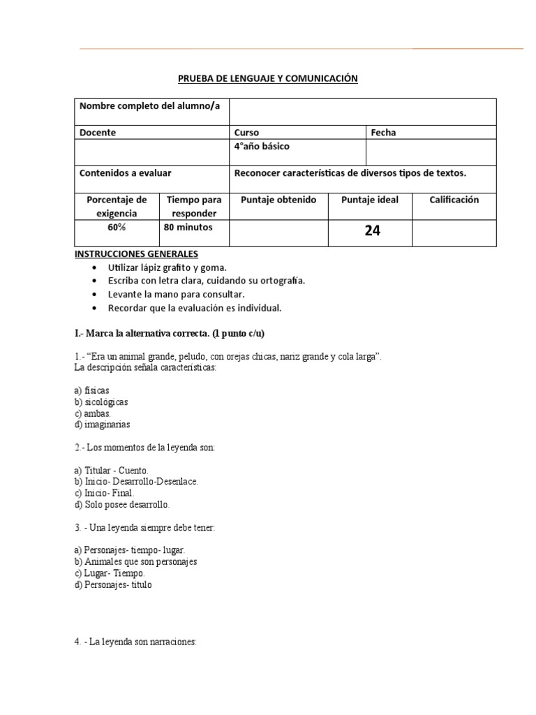4° - Prueba N°1 Lenguaje - 2022 - Reconocer Características de Diversos ...