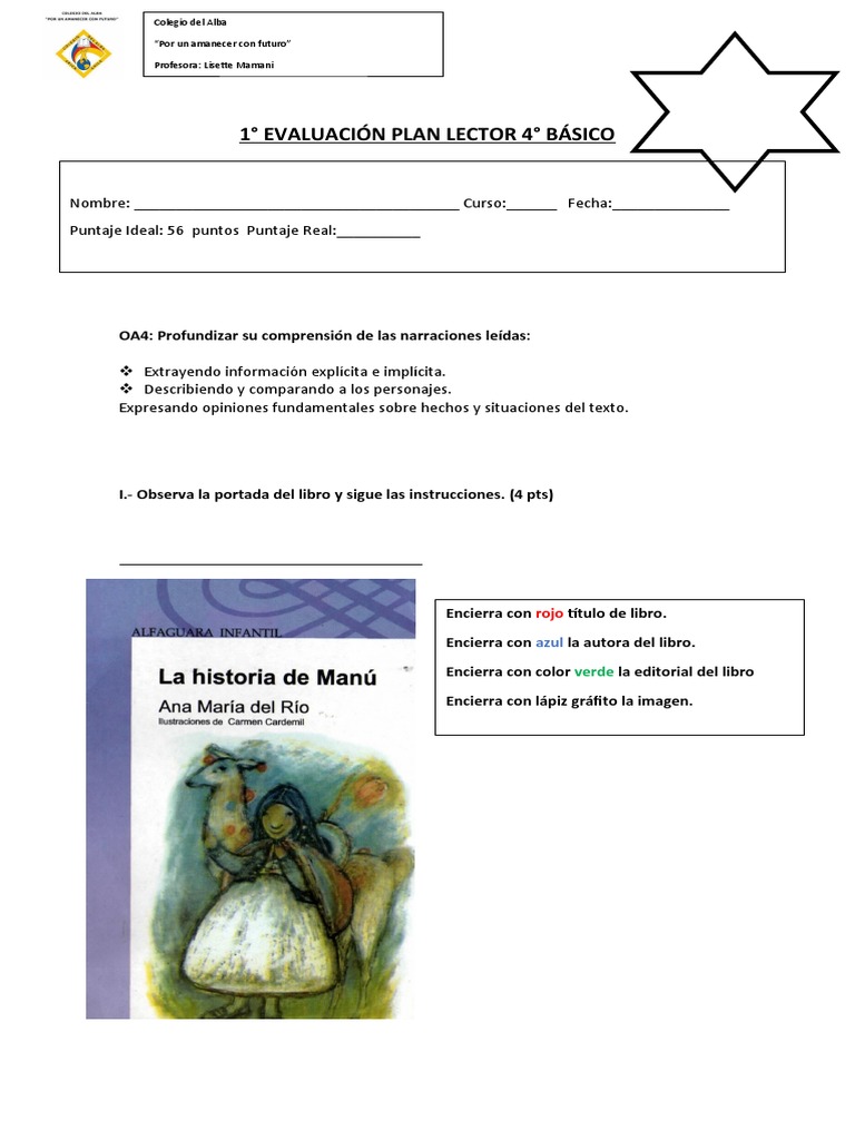 Prueba Plan Lector 4° Básico La Historia de Manu | PDF