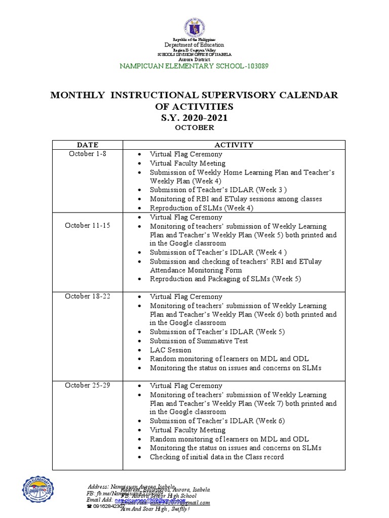 Supervisory Calendar of Activities | PDF | Teachers | Learning
