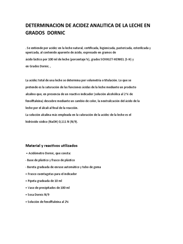 Determinacion de Acidez Analitica de La Leche en Grados Dornic | PDF ...