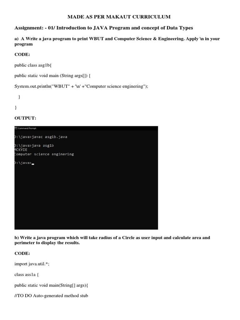 Made As Per Makaut Curriculum Assignment: - 01/ Introduction To JAVA ...