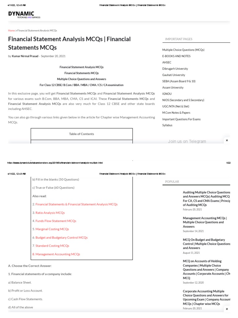 Financial Statement Analysis MCQs _ Financial Statements MCQs | PDF ...