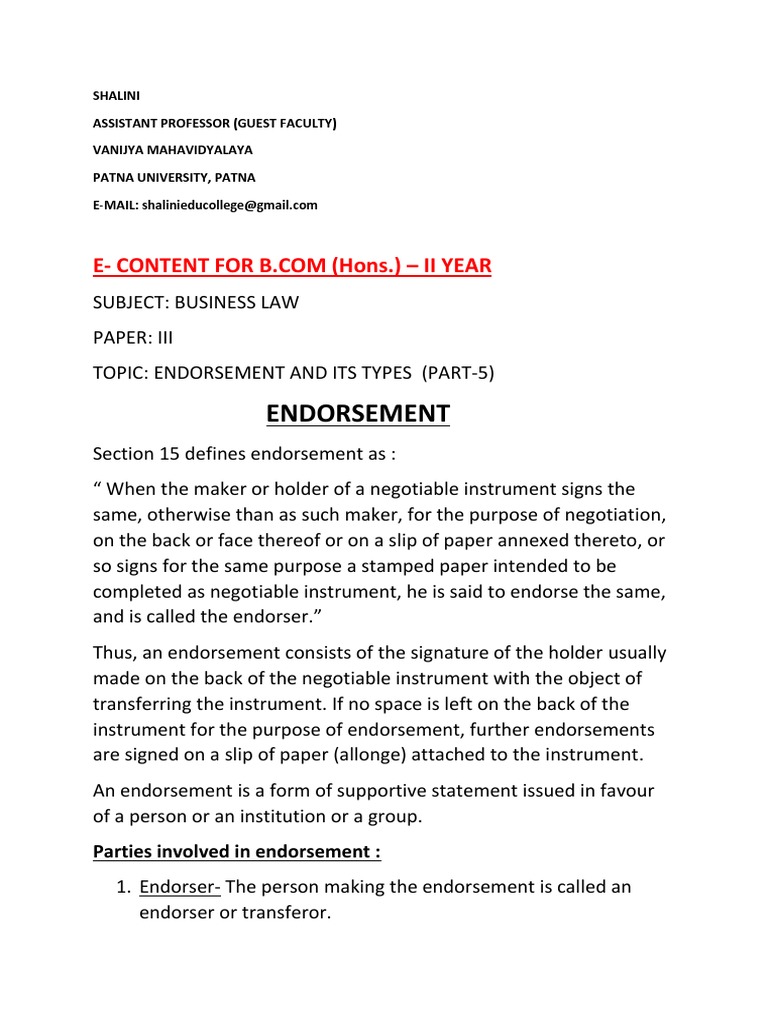 ENDORSEMENT AND ITS TYPES (PART-5) | PDF | Negotiable Instrument ...