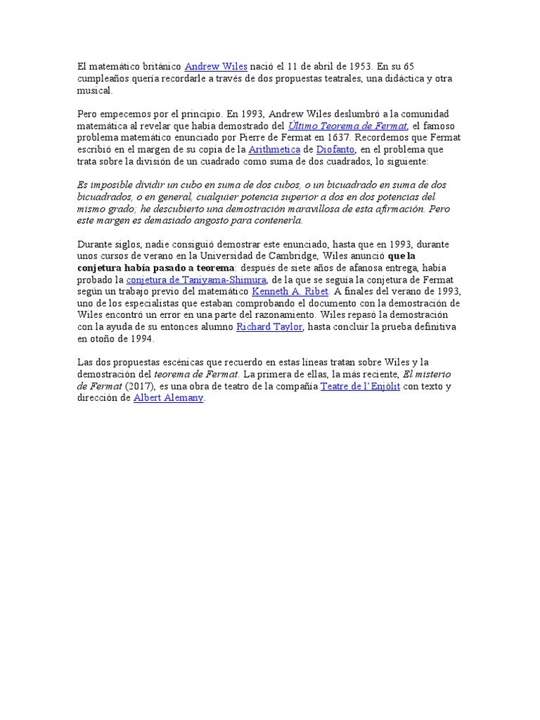 El Matemático Británico Andrew Wiles Nació El 11 de Abril de 1953 | PDF ...