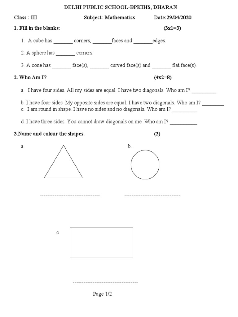 Class 3 Maths Shapes Worksheet | PDF