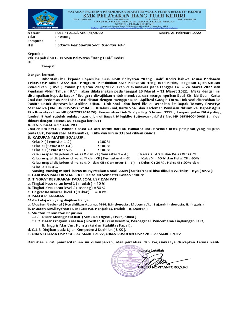 Edaran Pembuatan Soal Usp-Pat 2022 | PDF