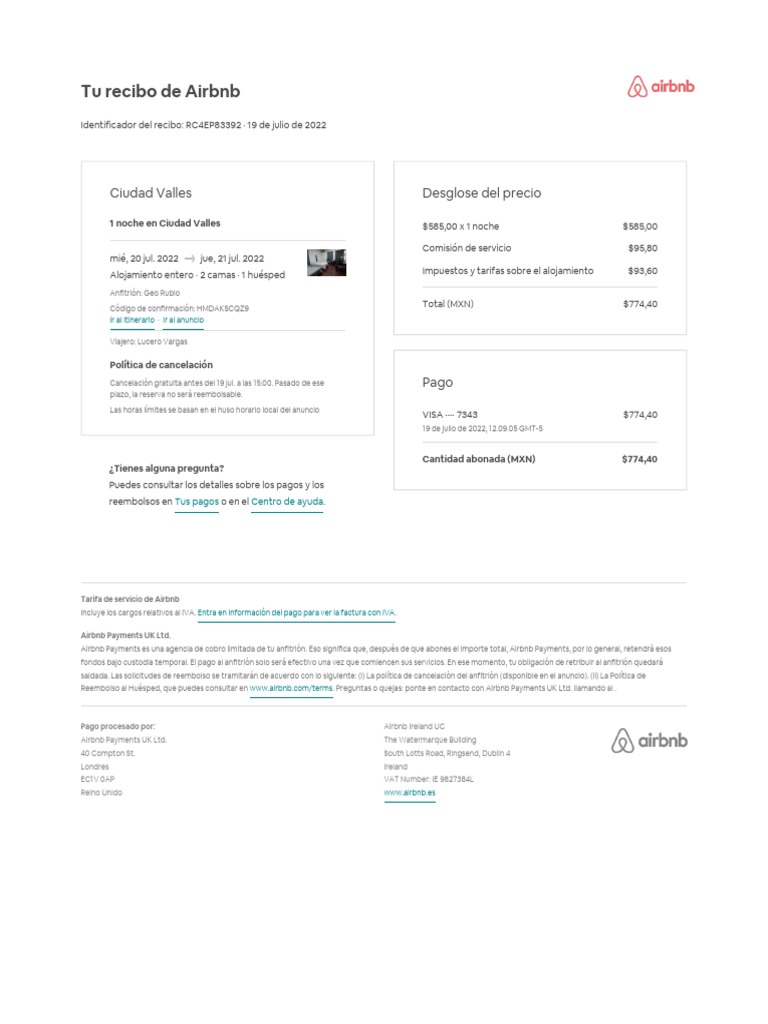 Recibo De Viaje En Airbnb Rc4ep83392 Pdf Airbnb