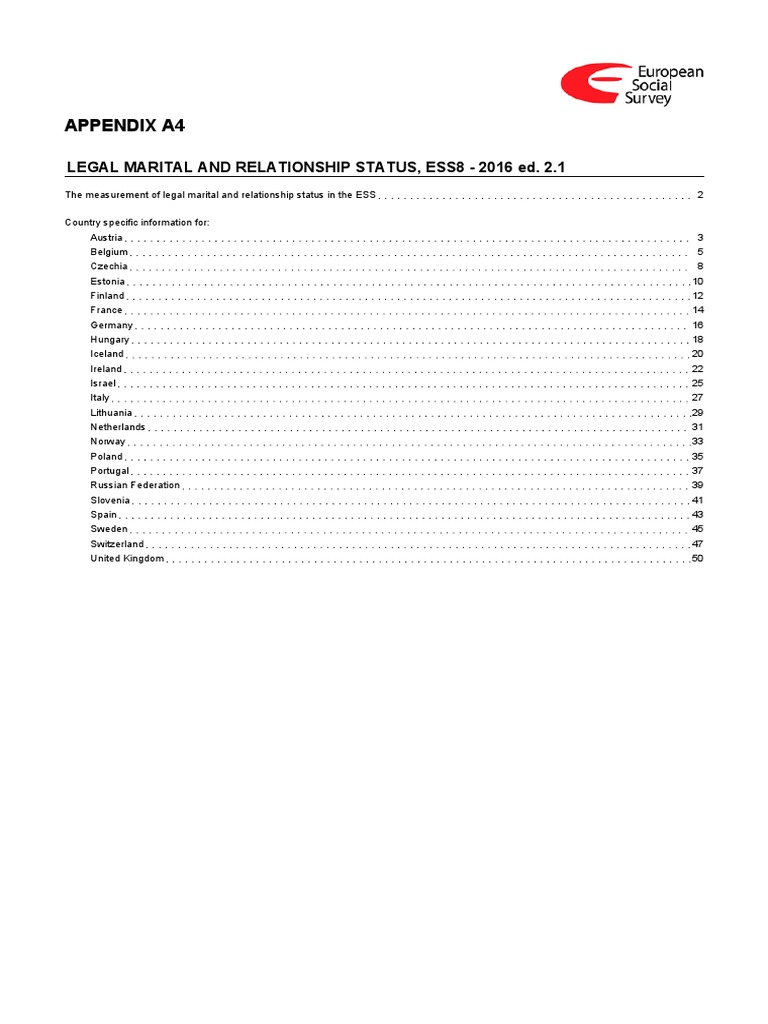 Appendix A4: Legal Marital and Relationship Status, Ess8 - 2016 Ed. 2.1 | PDF | Civil Union ...