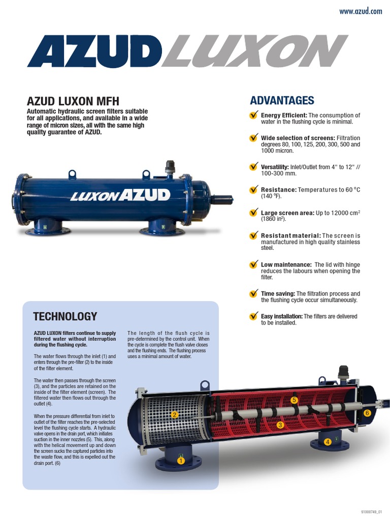 Technical Sheet Azud Luxon MFH (Pre Filter 1 & 2) | PDF | Filtration ...