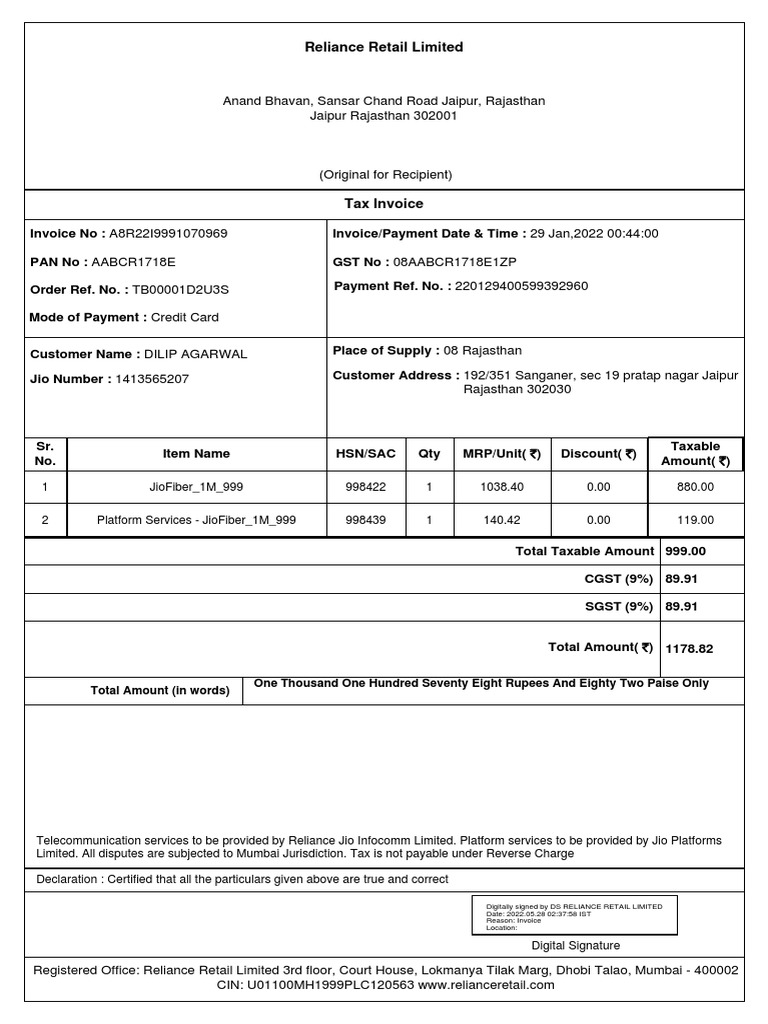 Reliance Retail Limited: Total Amount (In Words) One Thousand One ...