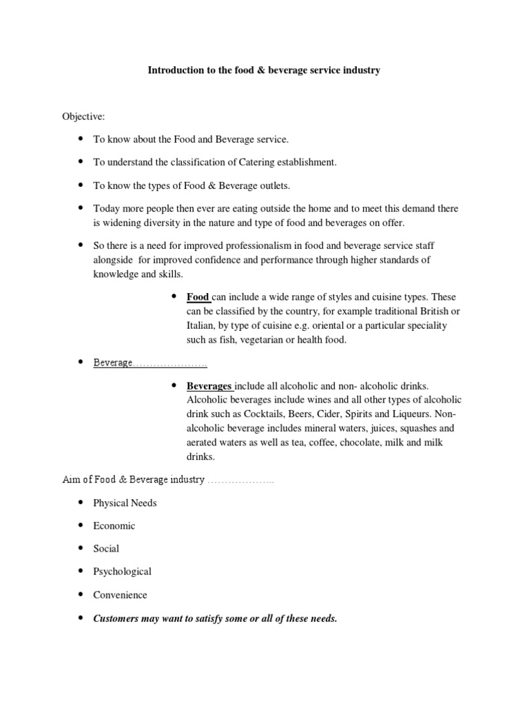 Chapter 1 Introduction To Food and Beverage Industry Beverage | PDF ...