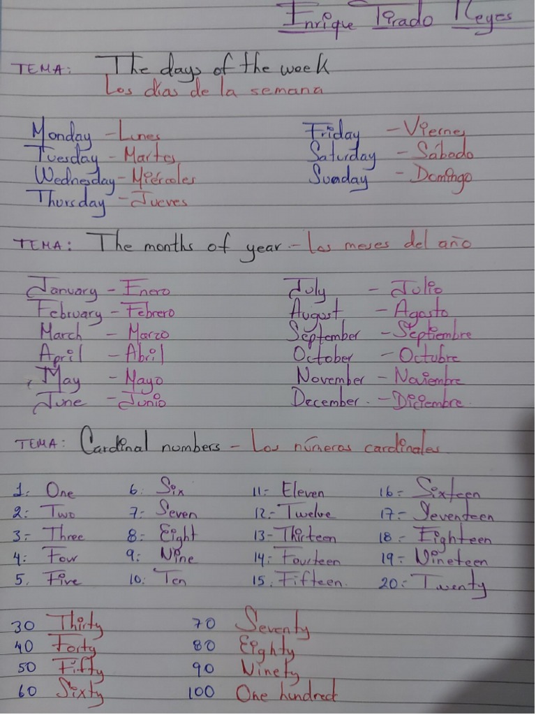 Números Ordinales, Números Cardinales, Meses y Días | PDF