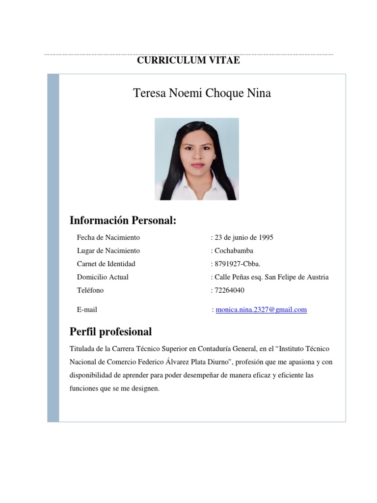 Teresa Noemi Cho Que Nina CV | PDF