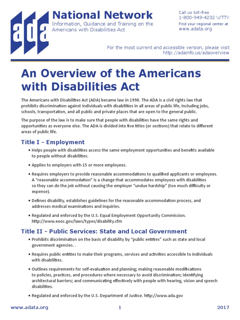 ADA Overview Final2017 | PDF | Americans With Disabilities Act Of 1990 ...