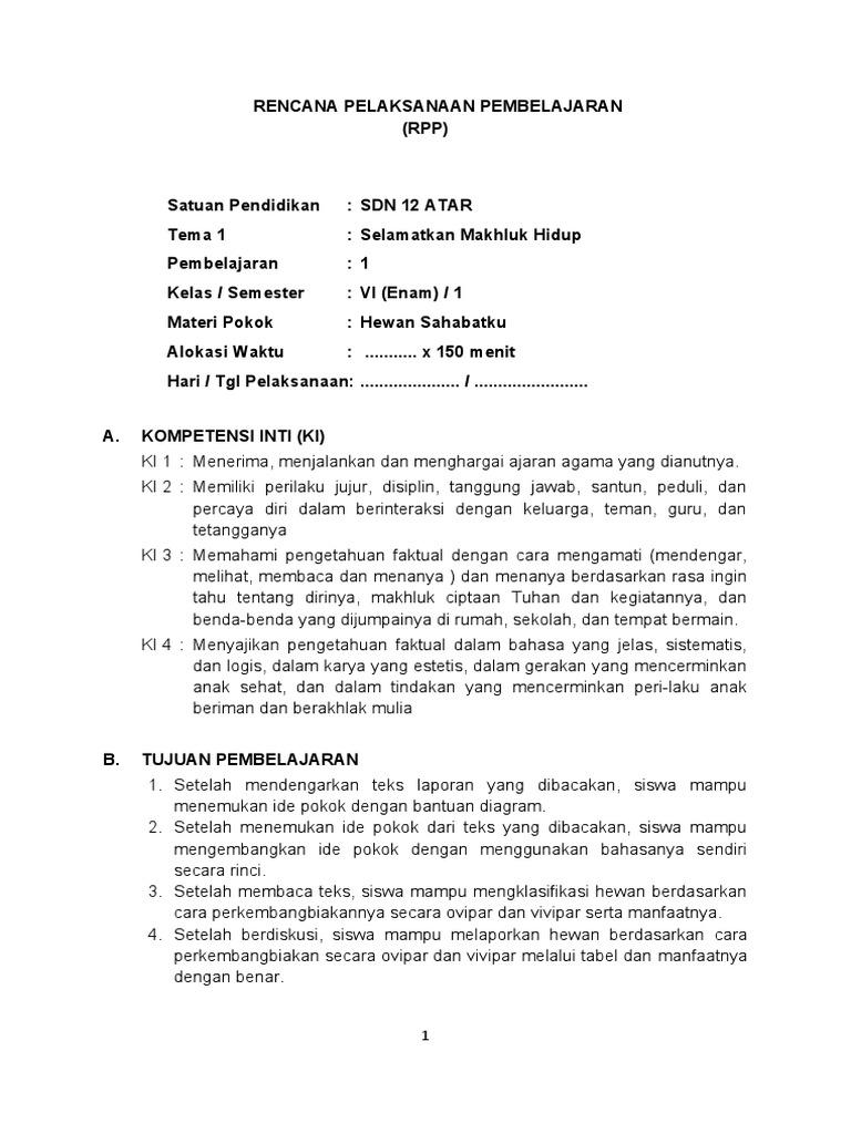 RPP K6 Tema 1 ST 2 Rev. 2018 | PDF