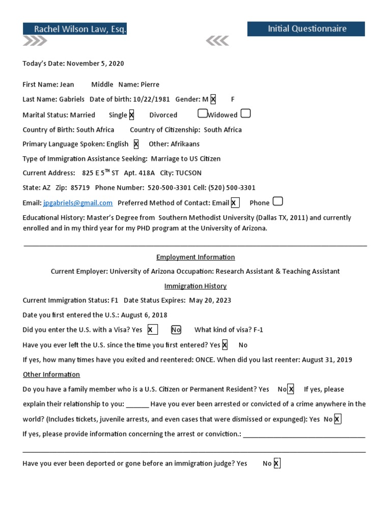 Rachel Wilson Law, Esq. Initial Questionnaire | PDF | Immigration ...