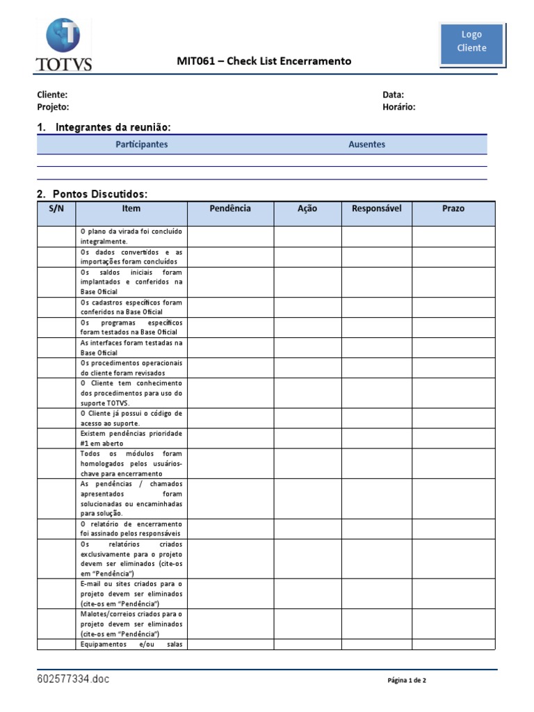 MIT061 - Check List Encerramento | PDF | Informática | Programas