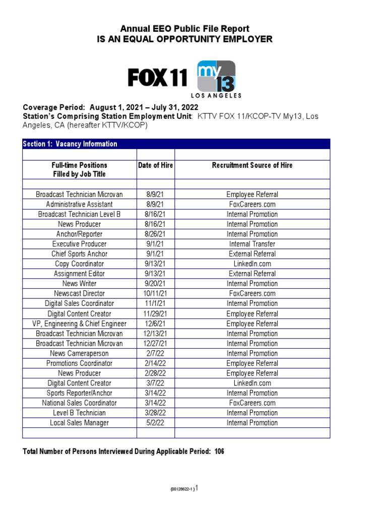 Annual Eeo Report 2022-Kttv - Kcop | PDF | Recruitment | Television Network