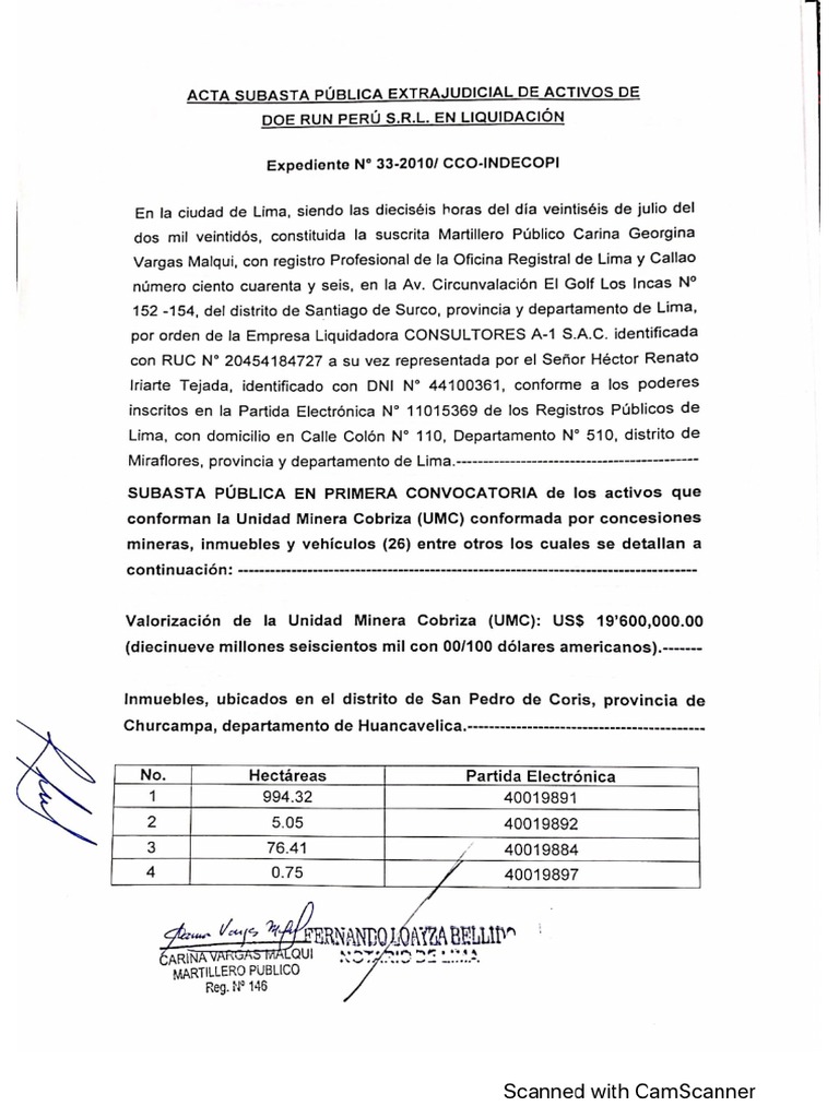 Acta de Subasta Extrajudidicial de Los Activos de Doe Run Perú | PDF