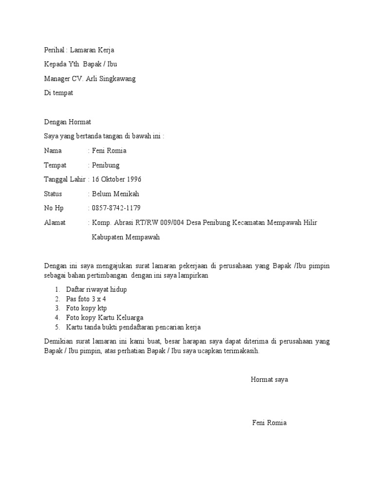 Surat Lamaran Kerja CV Arli | PDF