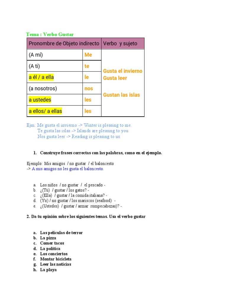 Ejercicios del Verbo Gustar en Español | PDF | Artes del Lenguaje y ...