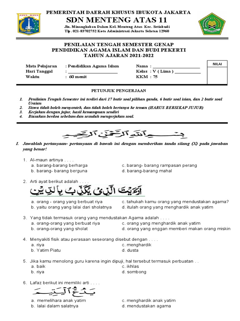 Soal PTS Pai Kelas 5 Semester 2 1 Lembar | PDF | Agama & Spiritualitas