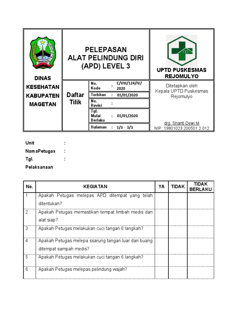 Daftar Tilik Pelepasan Apd Level 3 | PDF