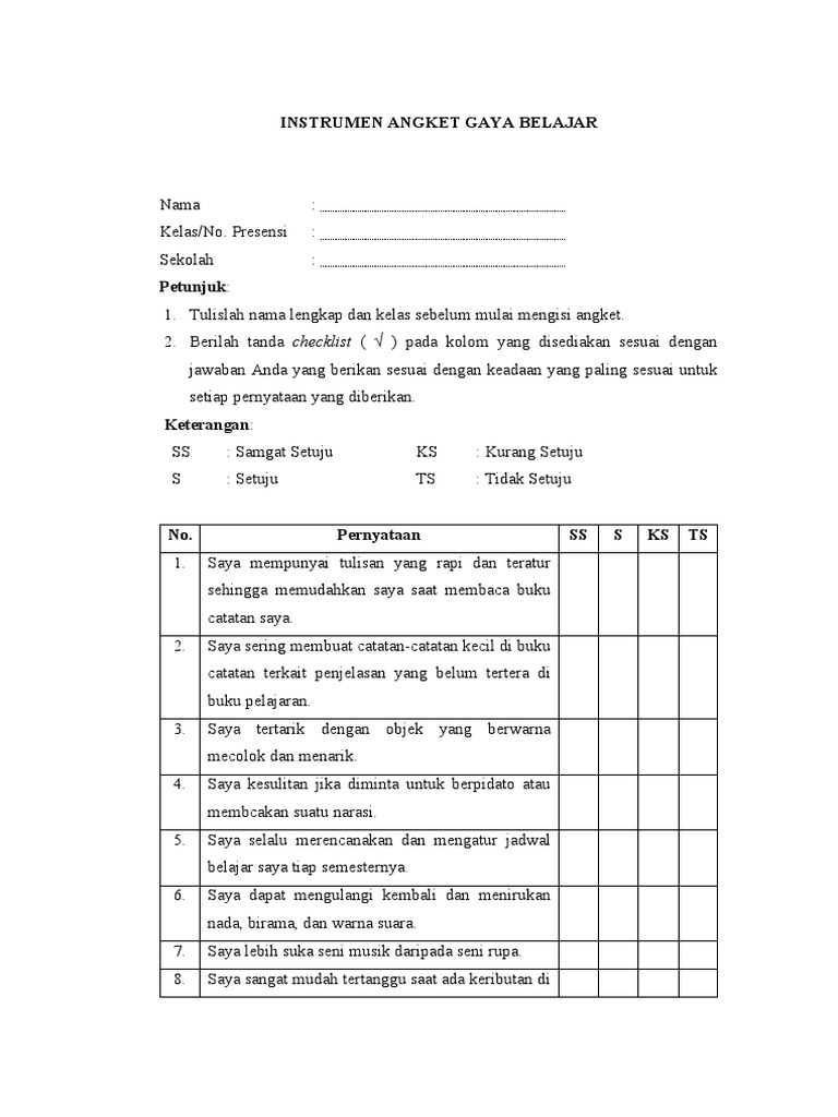 Instrumen Angket Gaya Belajar | PDF