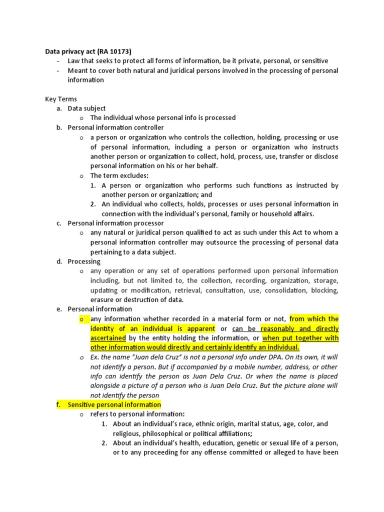Notes On Data Privacy Act | PDF | Information | Money Laundering