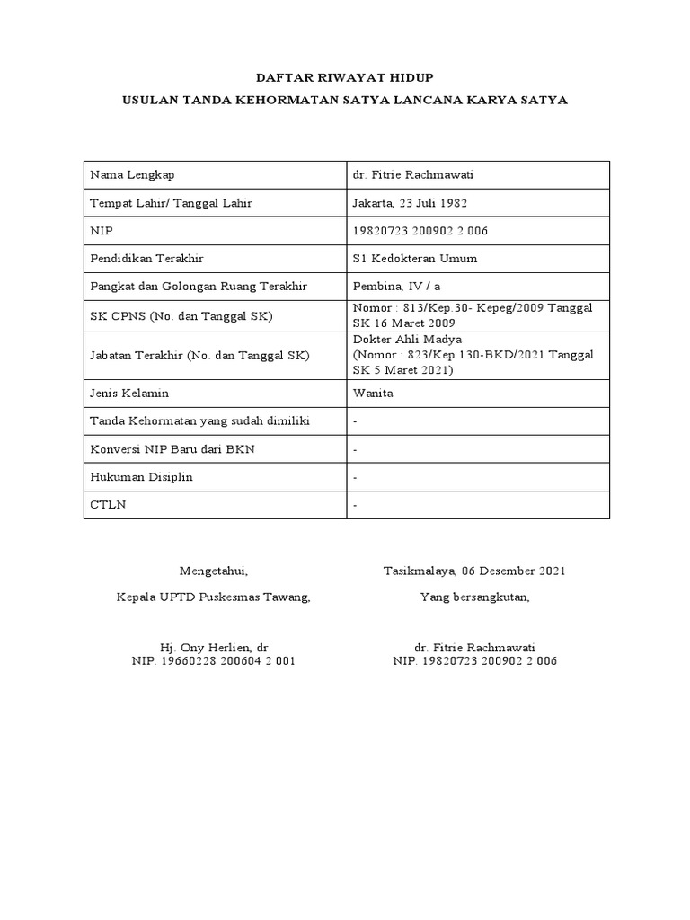 DAFTAR RIWAYAT HIDUP Untuk Satya Lencana | PDF