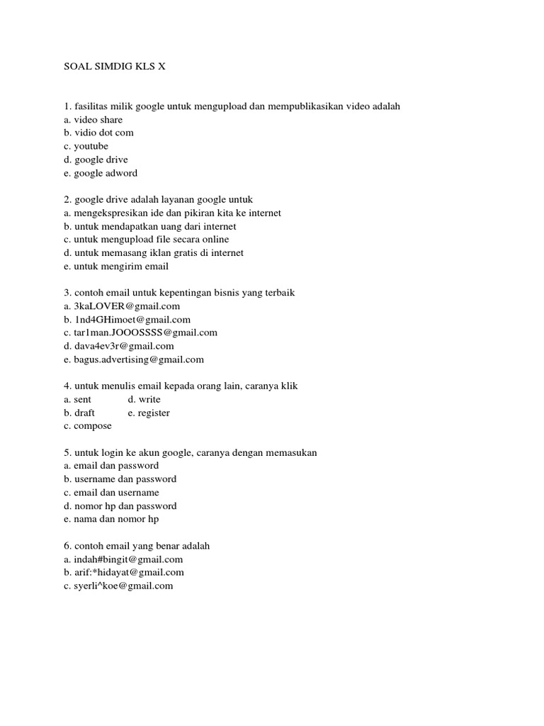 Soal Simdig Kelas X: Google, Email, dan Media Digital | PDF