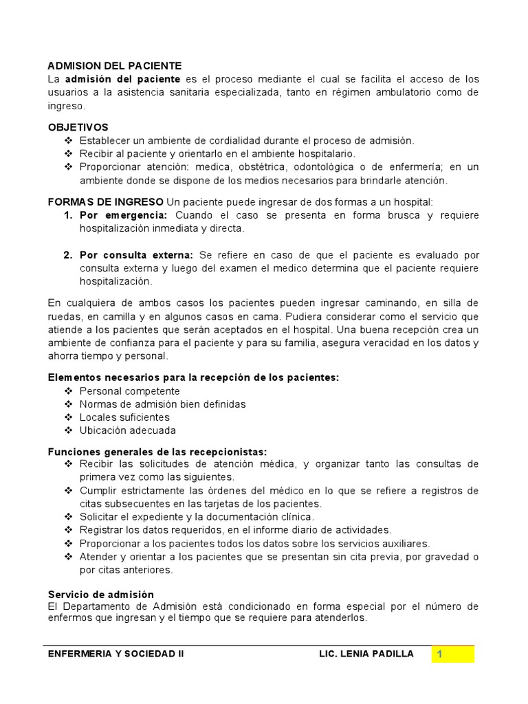Admision Del Paciente | PDF | Hospital | Enfermería
