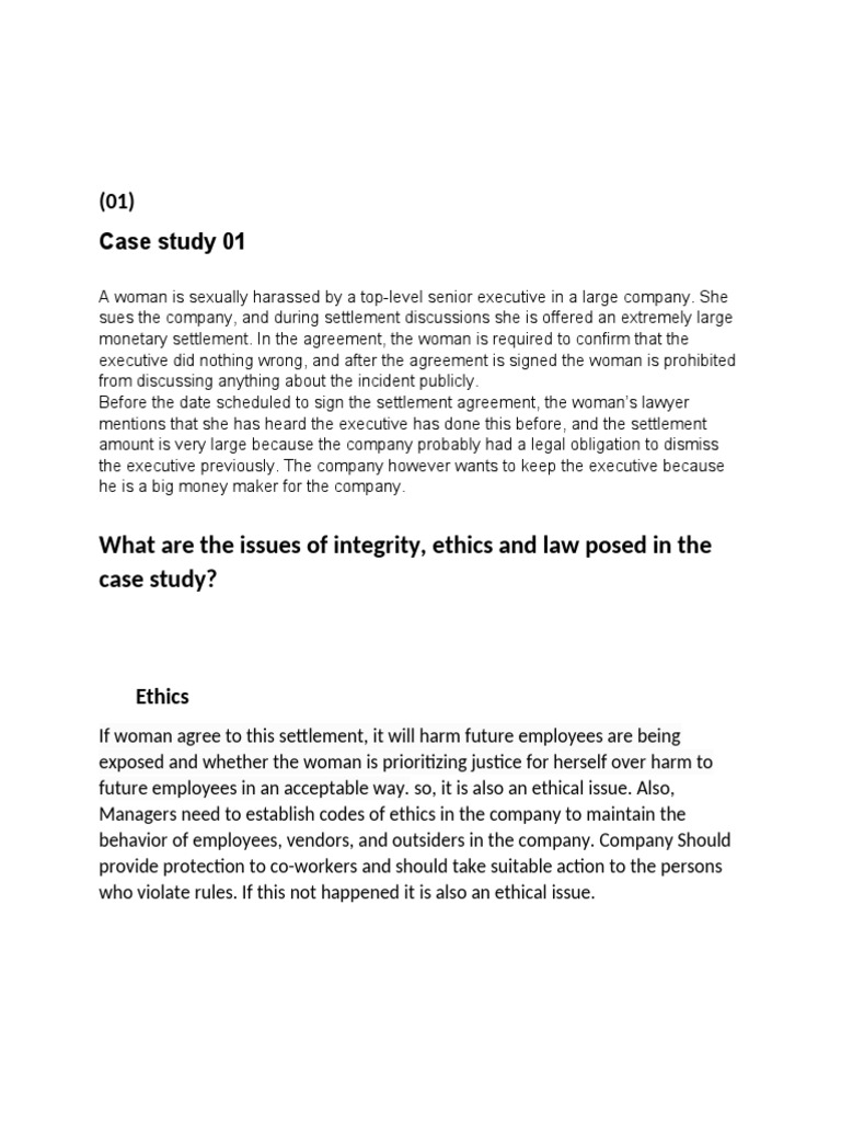 Case Study 01: What Are The Issues of Integrity, Ethics and Law Posed ...