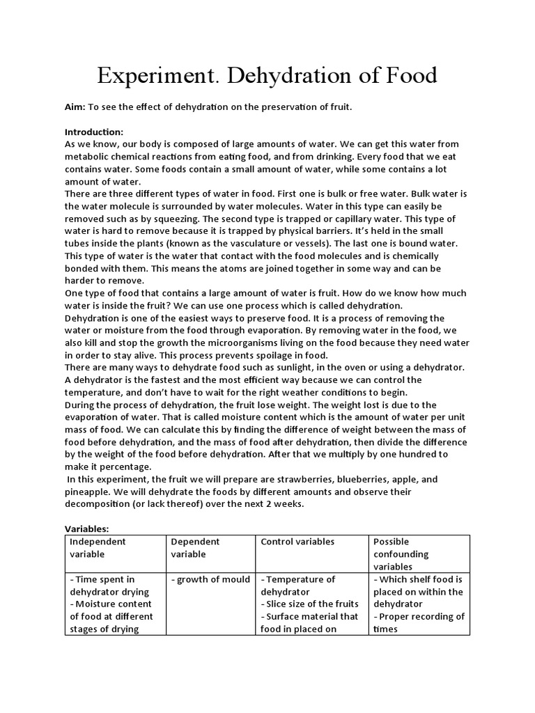 Experiment On Dehydration | PDF | Water | Foods