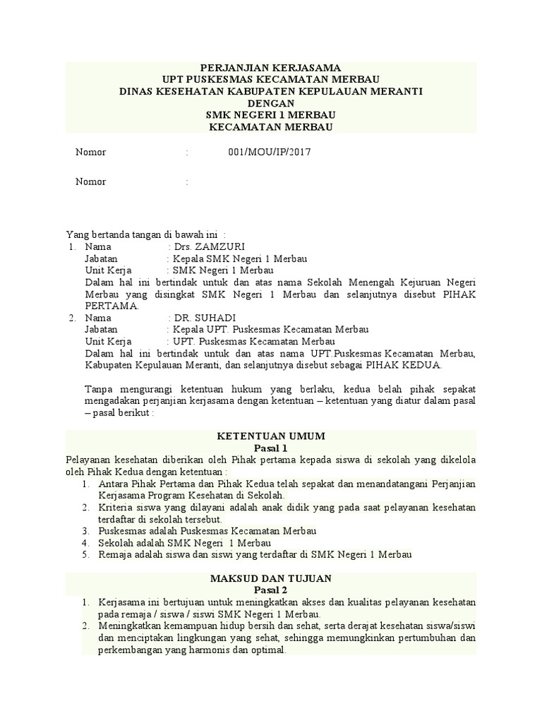 Contoh Perjanjian Kerjasama Puskesmas Pdf
