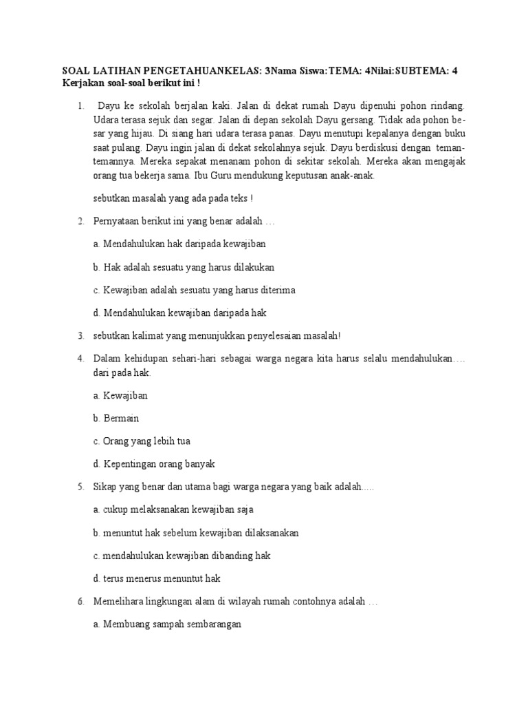 Soal Pengetahuan Kelas 3 Tema 4 Sub 4 | PDF