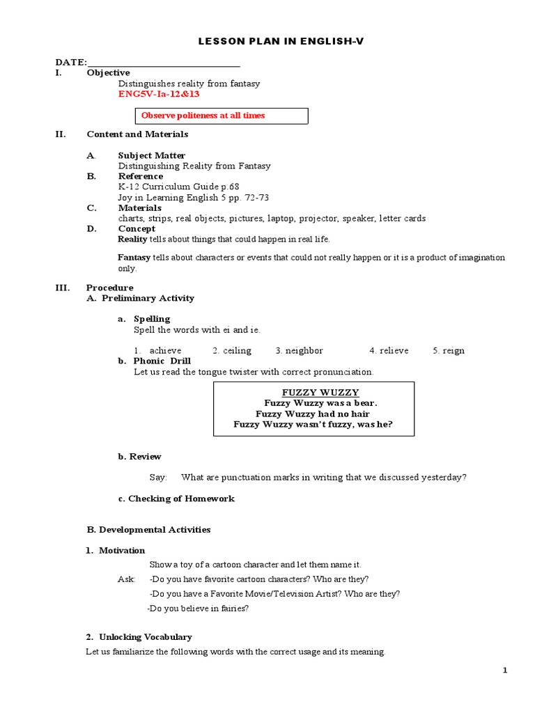 LESSON PLAN in Reality Fantasy | PDF