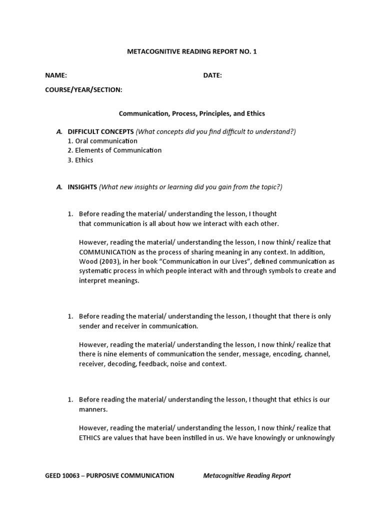 Metacognitive Reading Report No.1 | PDF | Career & Growth | Self ...