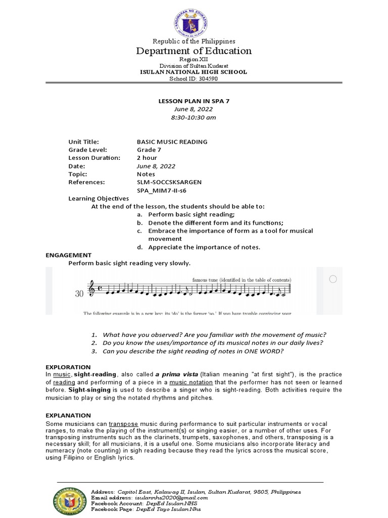 Grade 7 Music Reading Lesson Plan | PDF | Cognition | Learning