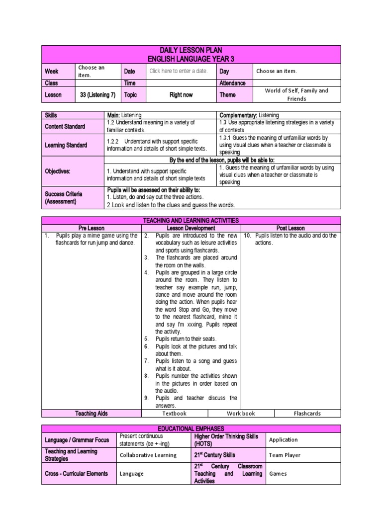 Daily Lesson Plan English Language Year 3: Click Here To Enter A Date ...