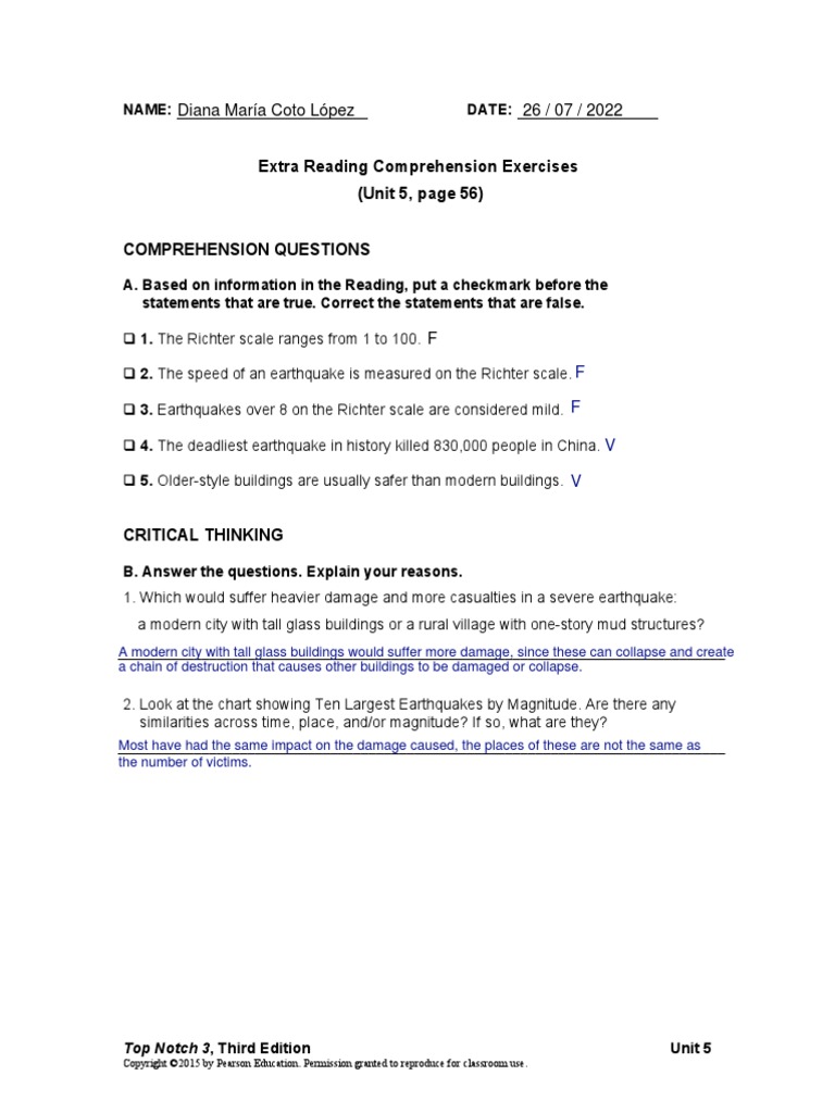 Extra Reading Comprehension Exercises (Unit 5, Page 56) Comprehension ...