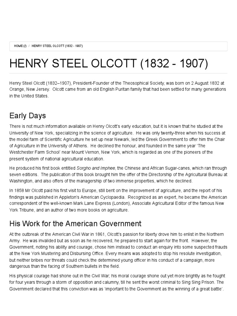 HENRY STEEL OLCOTT (1832 - 1907) - TS Adyar | PDF | Theosophy | Helena ...