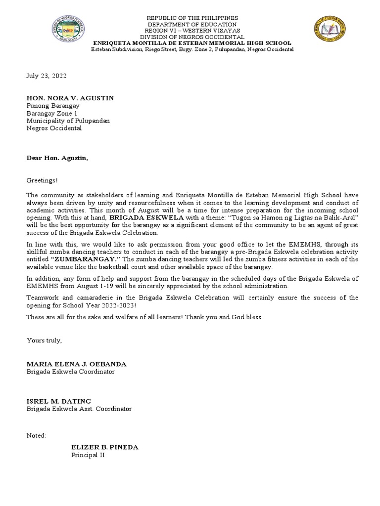 Brigada - Letter For Zumba | PDF | Physical Exercise | Philippines
