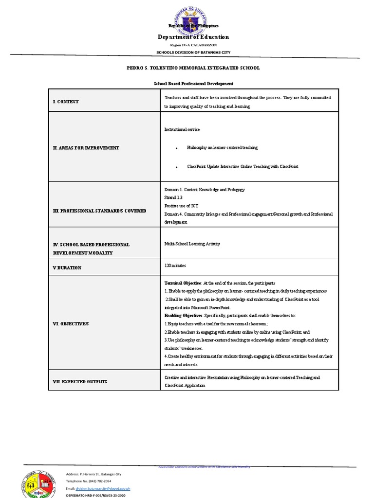 Department of Education: Pedro S. Tolentino Memorial Integrated School School Based Professional ...