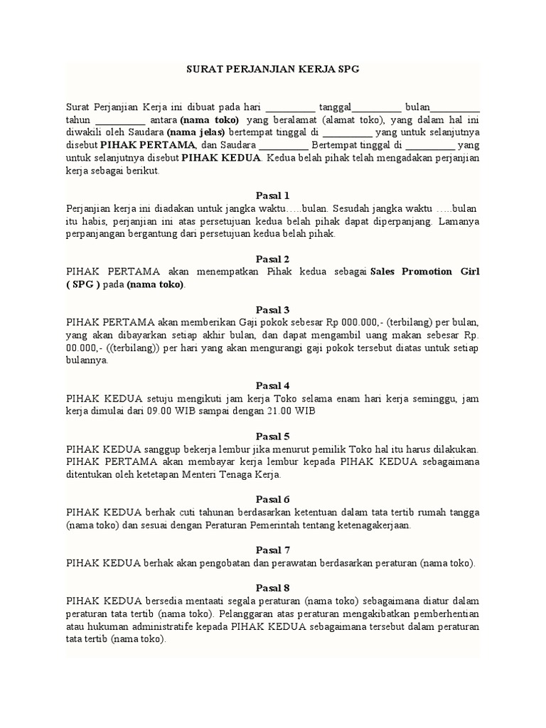 Surat Perjanjian SPG - Contoh | PDF