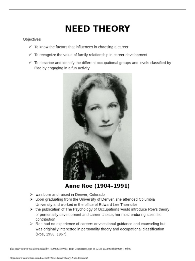 Need Theory Psychodynamic Theory of Anne Roe | PDF | Social Psychology ...